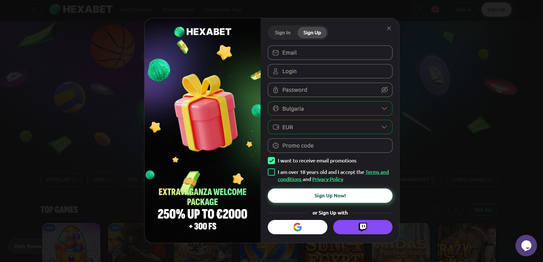 Hexabet Casino Weekend Reload Bonus 55%/€500 + 60 FS